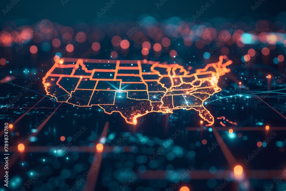 Digital Map of USA with Network Connection created with generative AI ...