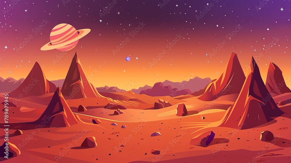 Terrain on Mars. Space game background with orange ground, mountains ...