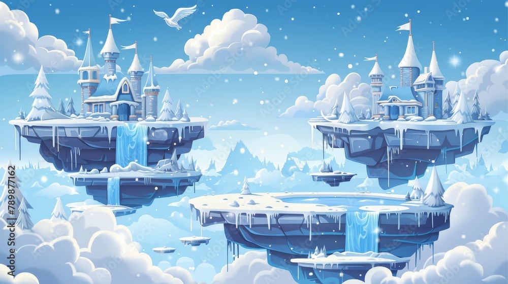 Winter fantasy landscape with ice and snow on floating islands and a ...