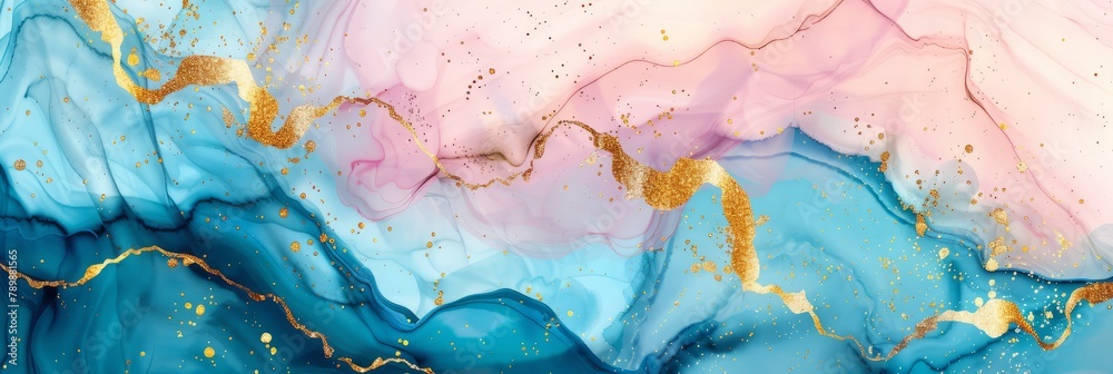 Epoxy resin texture with blue , gold and pink background. Banner ...