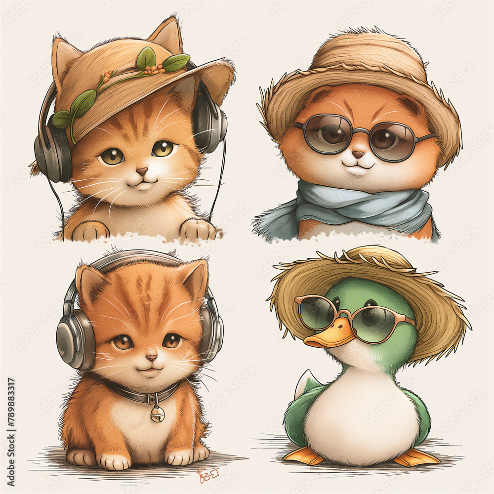 Chibi animal, hand drawn poster,4 Sticker set with outline,cat wearing ...