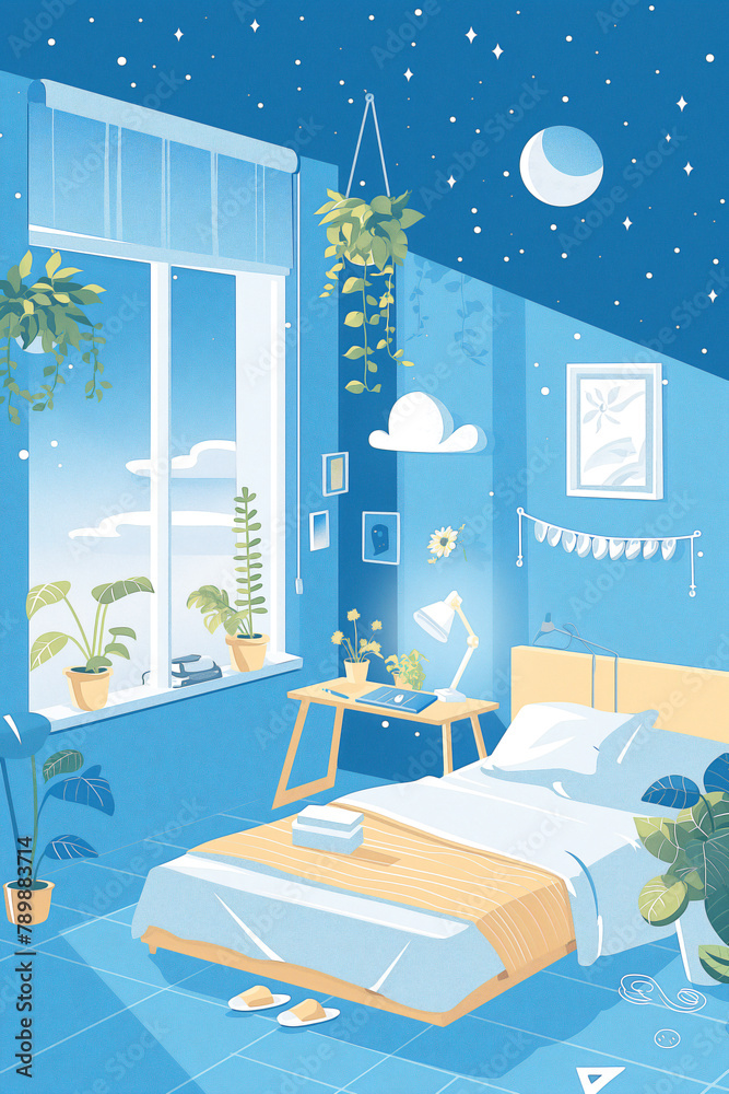 Cute isometric room, cute Deep blue color palette, cute kawaii style ...