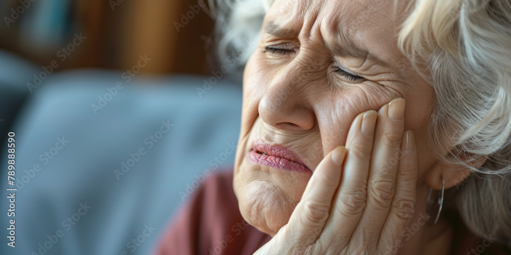 Retired senior old female pressing sore cheek. Old woman suffers acute ...