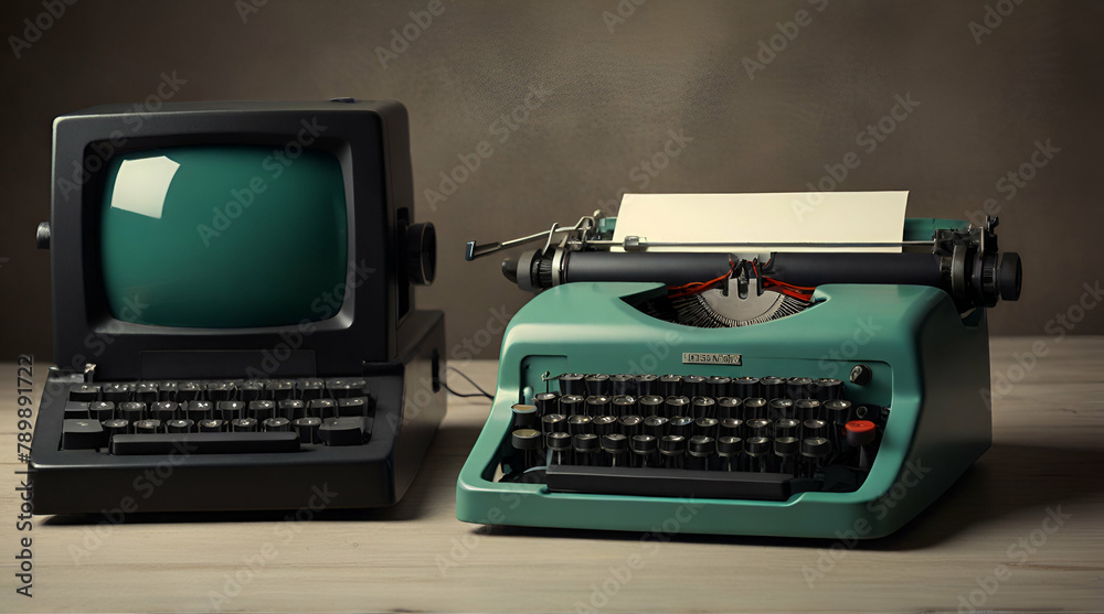 Old vs new technology. Modern computer and typewriter, Generative.AI ...