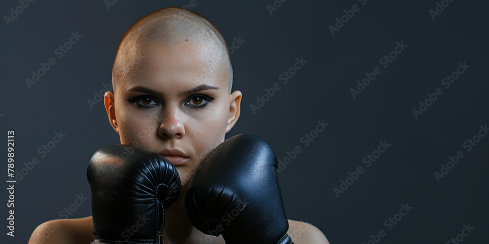 Teenage bald student with face of anger determination with boxing ...