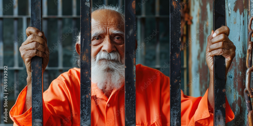 Senior African-American criminal behind bars in prison. Prisoner sit ...