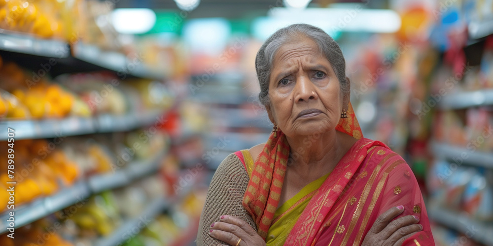 Impact of price hike, cost of living inflation. Senior Indian woman in ...