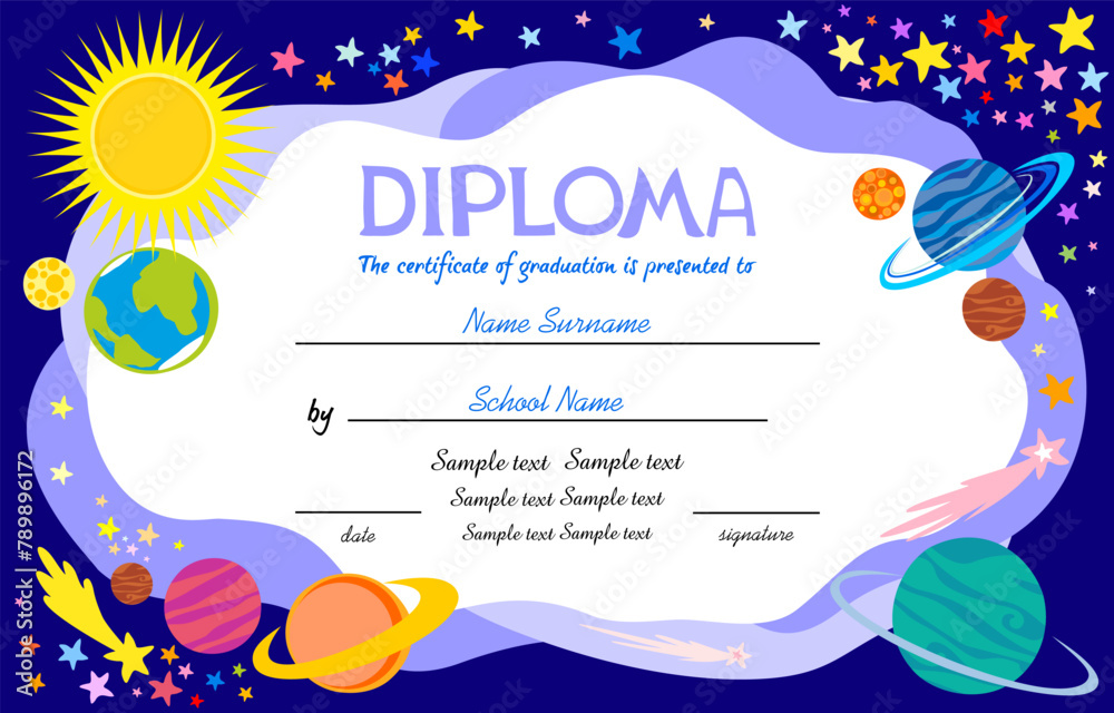 Сosmos with stars and planets. Education preschool concept. Certificate ...