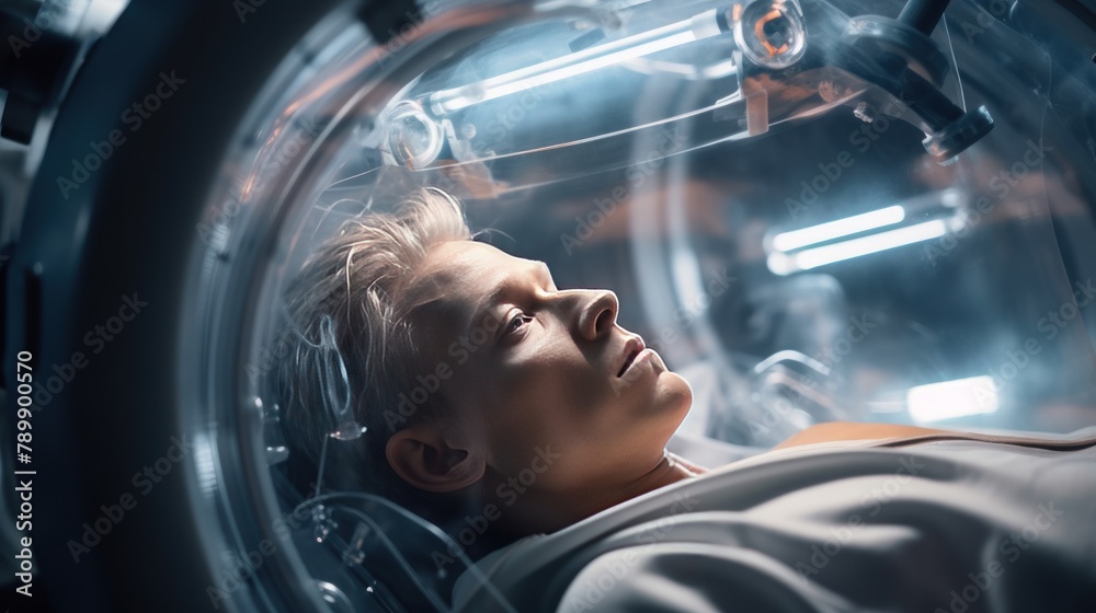 Team of astronauts in hypersleep anabiosis chamber aboard the orbital ...