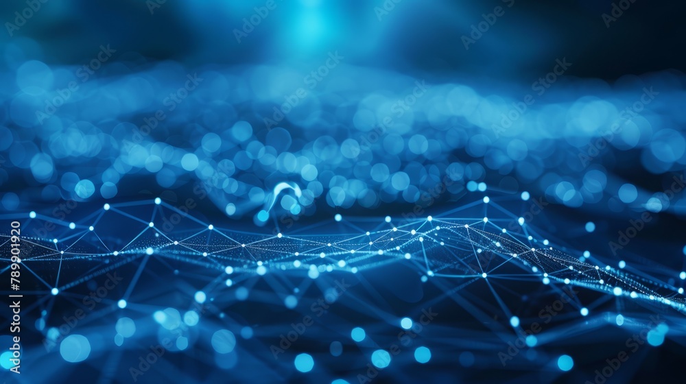 Abstract blue technology background with a cyber network grid and connected particles ...