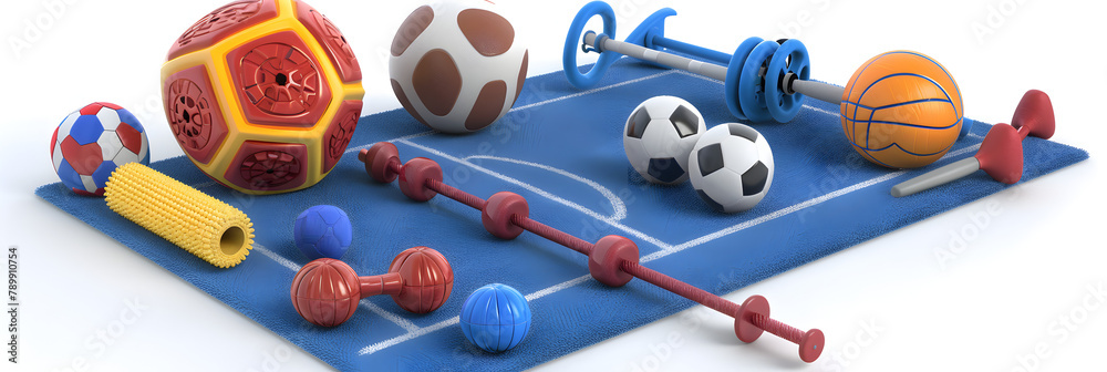 Sports equipment and sneakers on a blue,A diverse collection of 3D ...