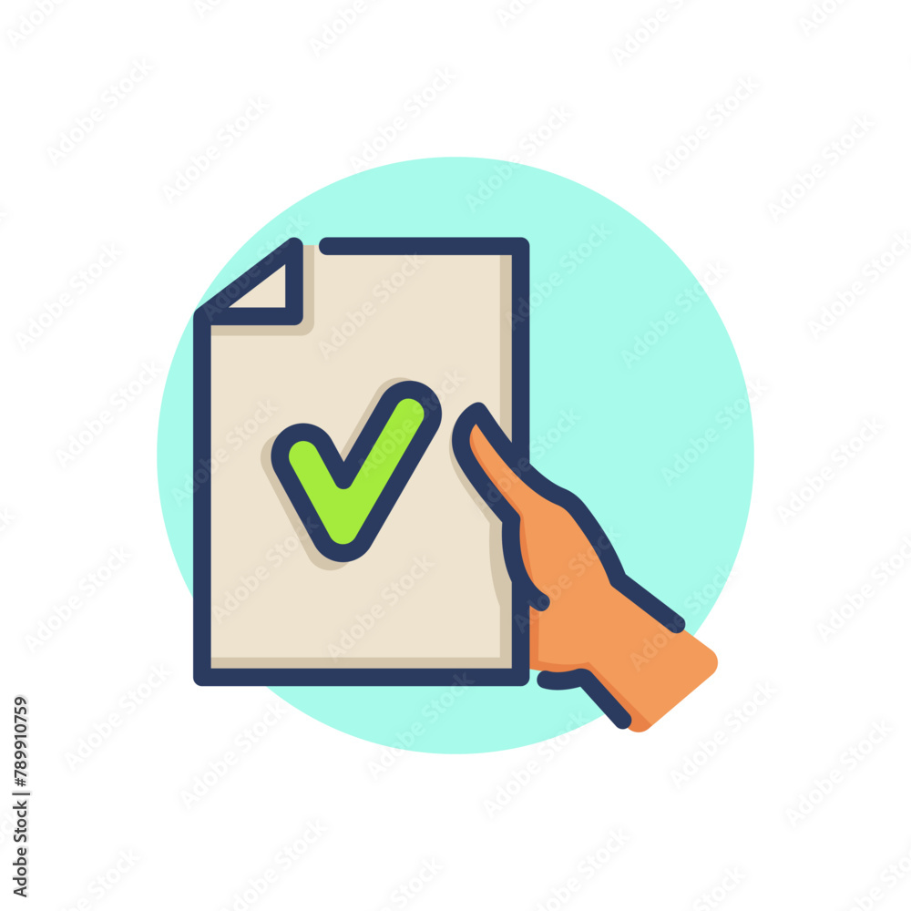 Document with checkmark line icon. Hand, paper, approval outline sign. Check marks and business ...