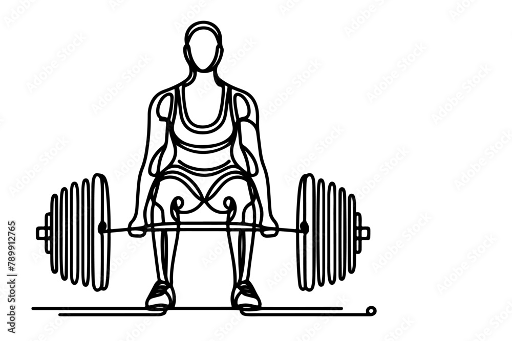 One continuous black line drawing of man lifting barbel with a heavy ...