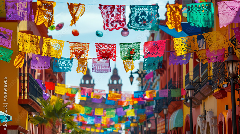 ภาพประกอบสต็อก Traditional Mexican papel picado banners creating White ...