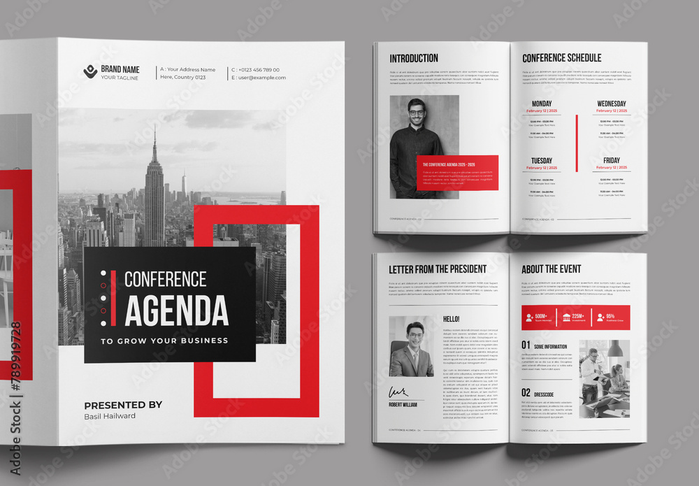 Conference Agenda Layout With Red Color Stock Template | Adobe Stock