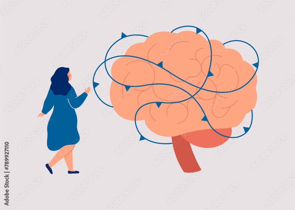 Cognitive and neurodegeneration illness of brain. Woman worries about ...