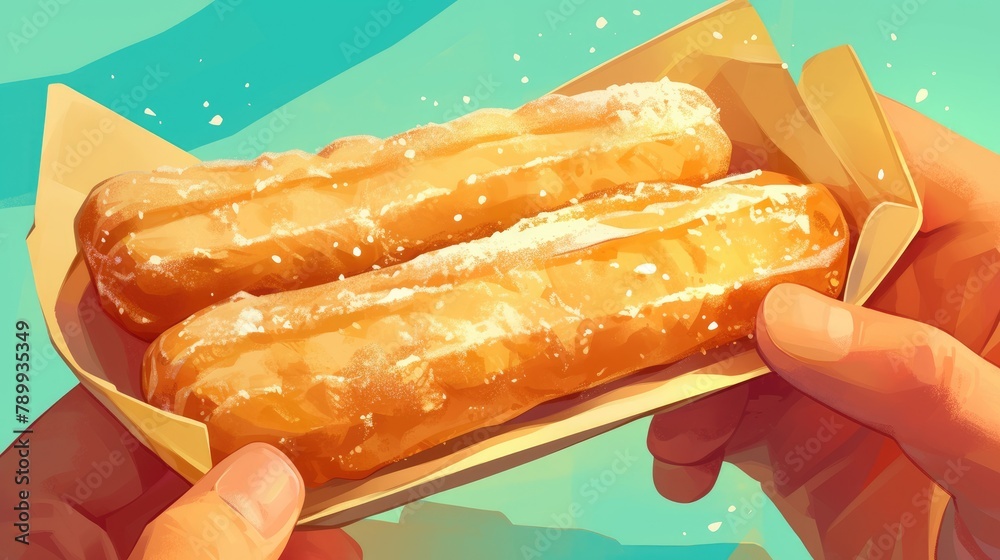 2d illustration of a hand joyfully clutching a churro in paper ...