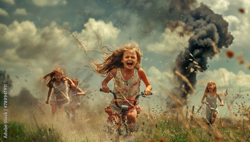 Children flee on foot and bike through grass as towering explosions ...