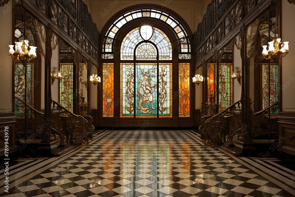 Baroque Palace Grand Hallway: Stained Glass Windows & Wrought Iron ...