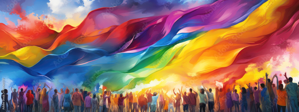 A panoramic painting of a crowd of people holding rainbow flags. The ...