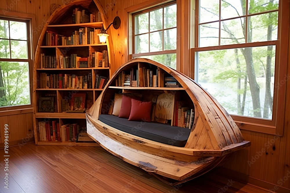 Rustic Fishing Cabin Decor: Wooden Canoe Bookshelf & Unique Storage ...