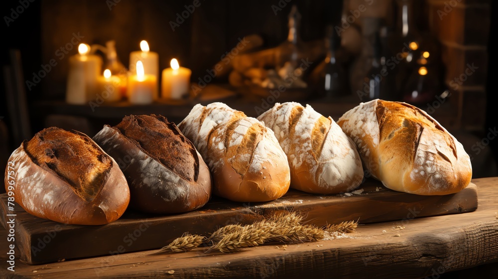 Warm and inviting image of freshly baked bread loaves displayed on a ...