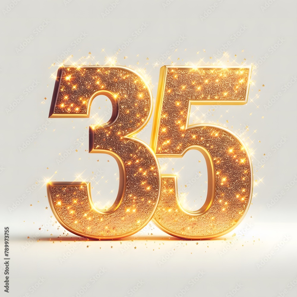 Golden 35 Number Illuminated with Sparkling Lights on a White ...