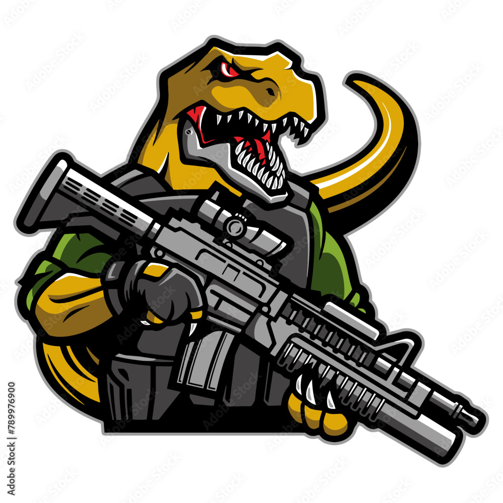 Military angry raptor with machine gun, vector, logo, cartoon ...