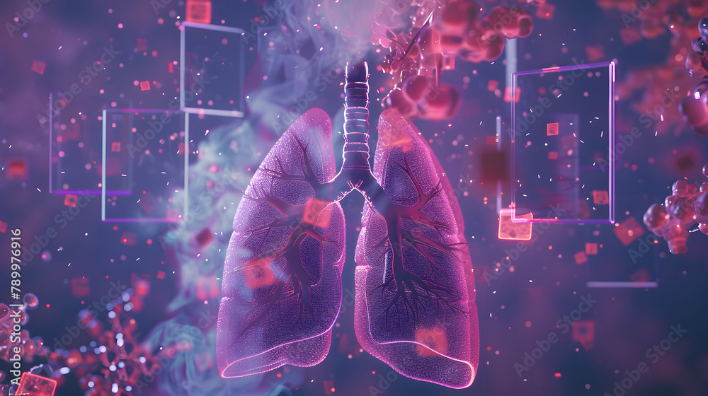 3D visualization of a human lung encompassed by strange medical screens ...