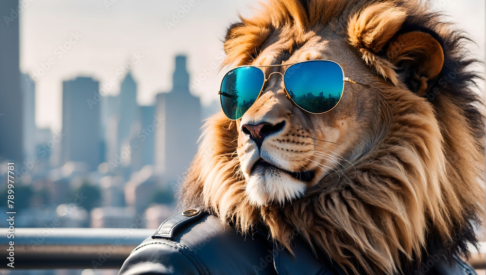 Lion man wearing aviator-style sunglasses and a leather jacket ...