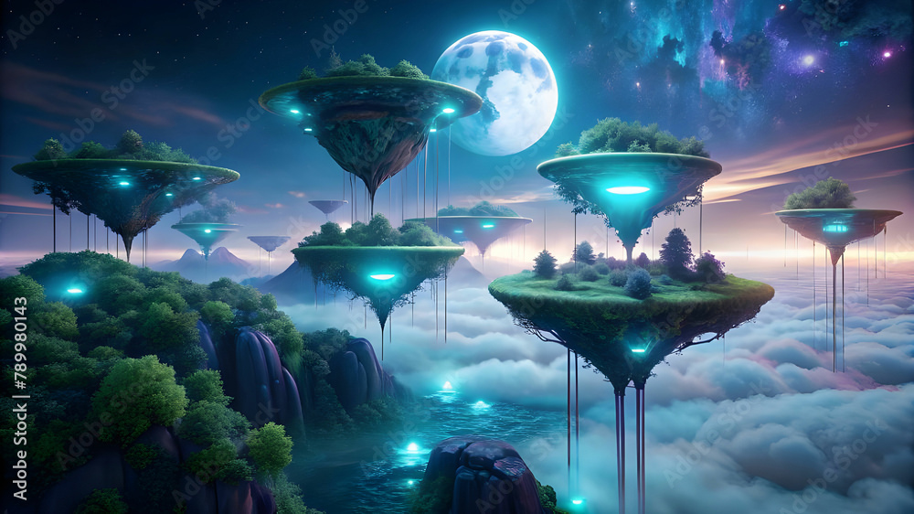 An abstract landscape where floating islands hover in the night sky ...