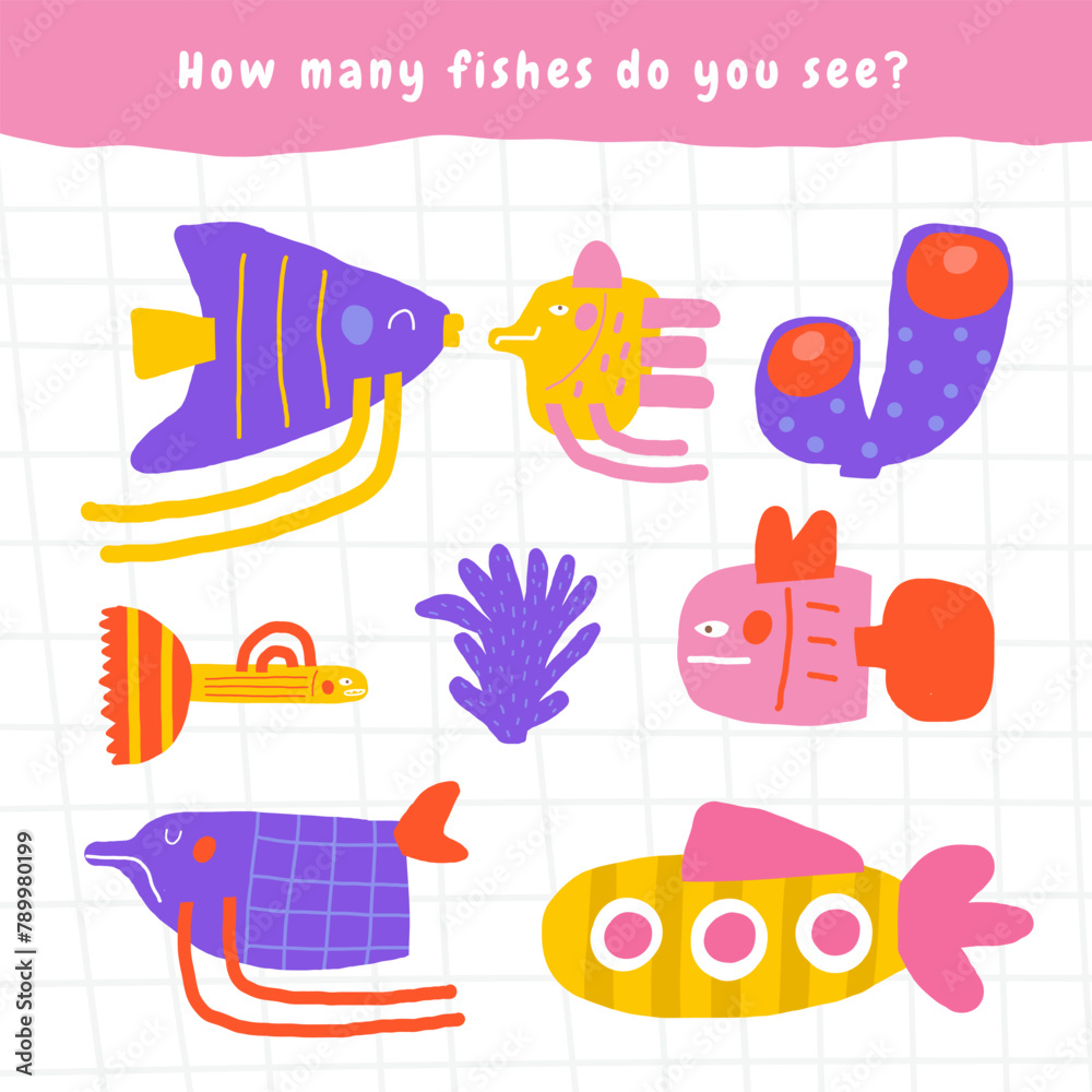 Learn ocean life game for kids. Cute hand drawn doodle funny underwater ...