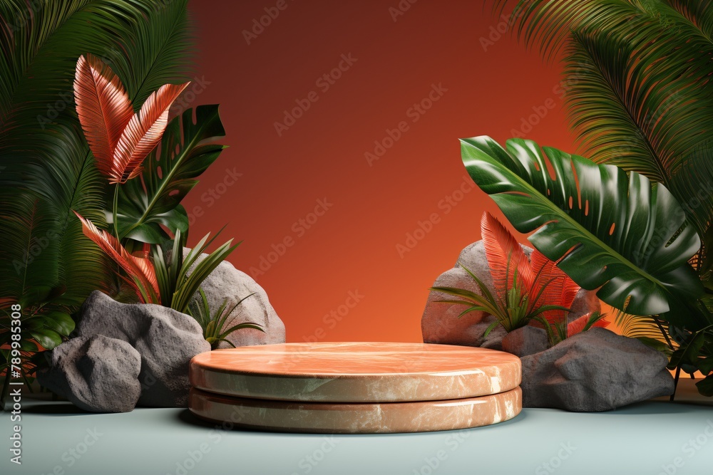 Colorful product display podium with plant decoration, podium stage for ...