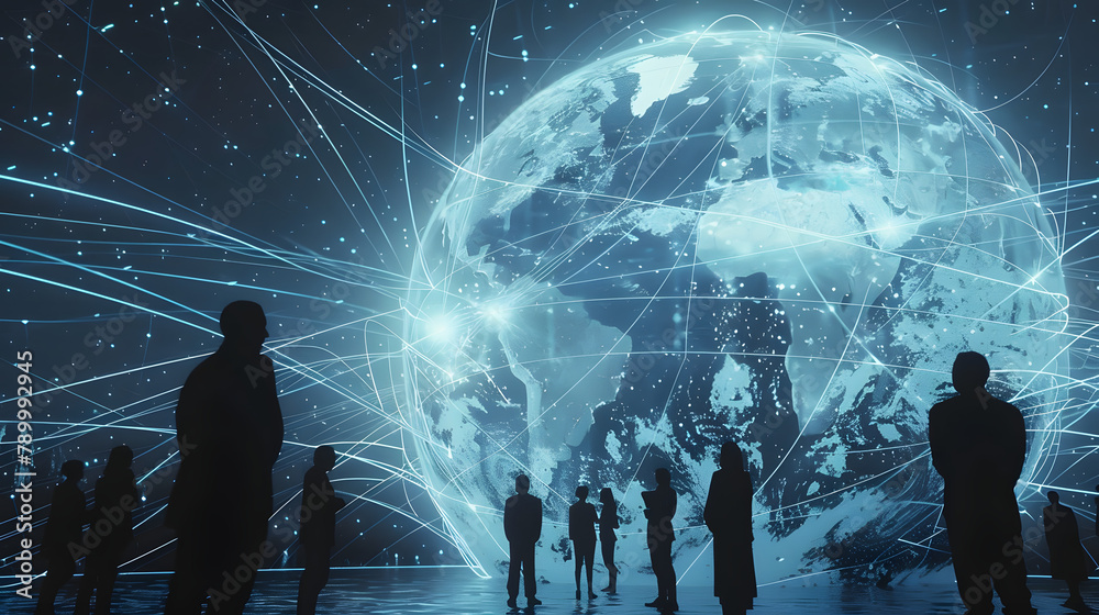 A computerized earth encased in web connections. with silhouettes of ...