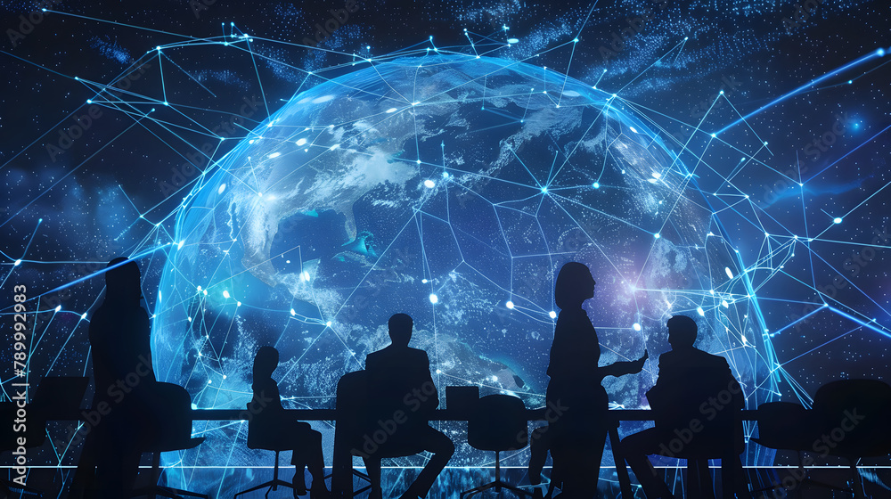 A computerized earth encased in web connections. with silhouettes of ...