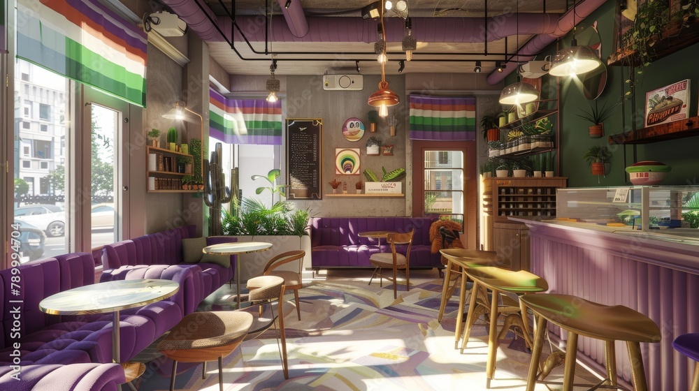 Modern LGBTQ-friendly cafe with purple seating and pride flags near ...