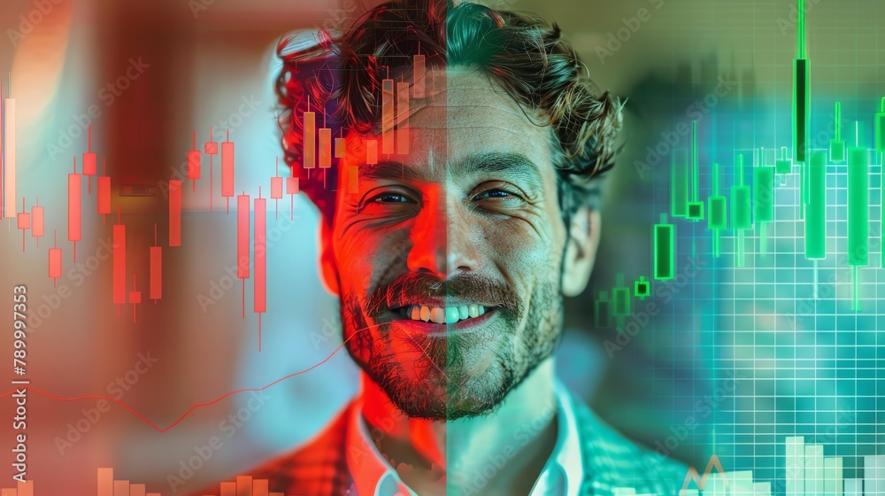 A splitscreen image one side shows a worried investor with a red graph ...