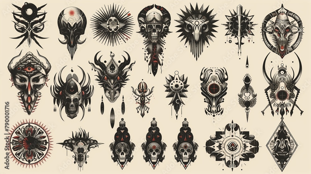 Neo-tribal gothic set. Collection of intricate illustrations featuring ...