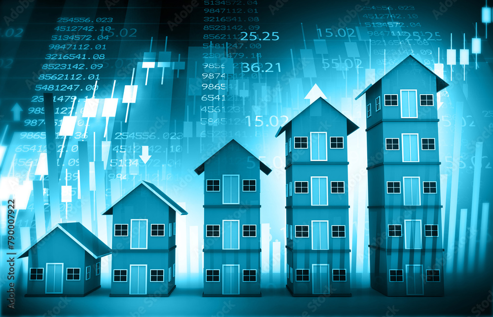 Real estate building graph on stock market graph background. 3d ...