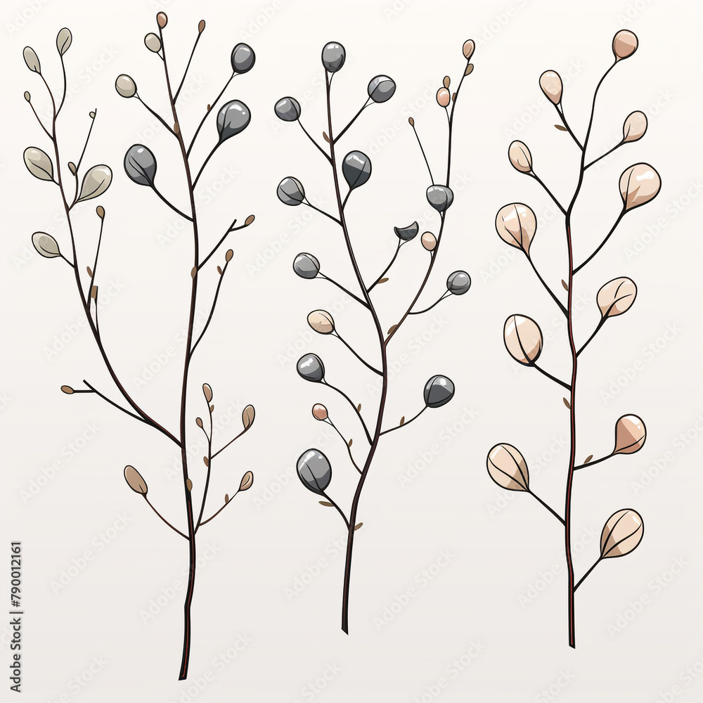 a set of illustrated single, single-colored twigs with rounded leaves ...