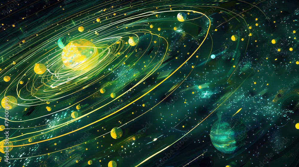 A diagram of revolving planets with yellow orbits and green stars on a ...