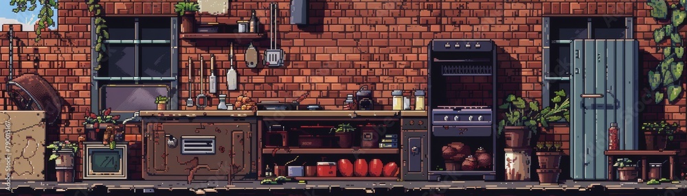 Craft a pixel art masterpiece depicting a rooftop cooking nightmare ...