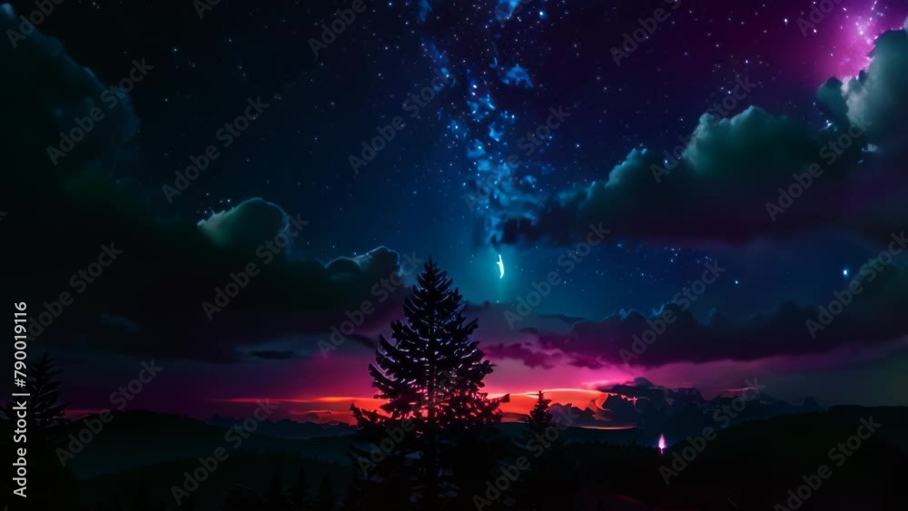 Video animation of breathtaking night scene. It features a star filled ...