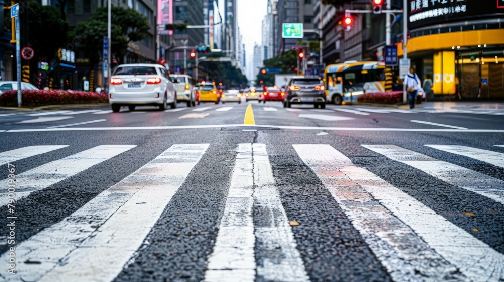 Close-up of road markings and traffic signs on a busy city street ...