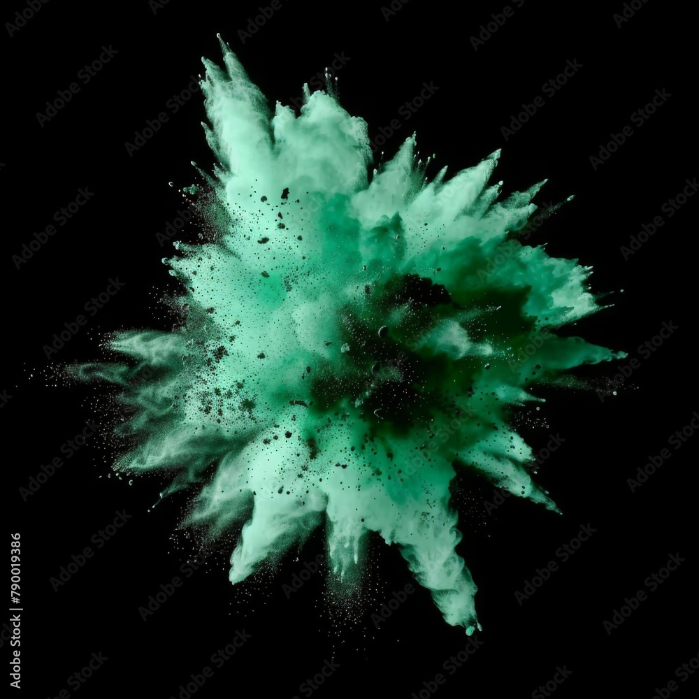 splash of green color powder with freeze isolated on black background ...