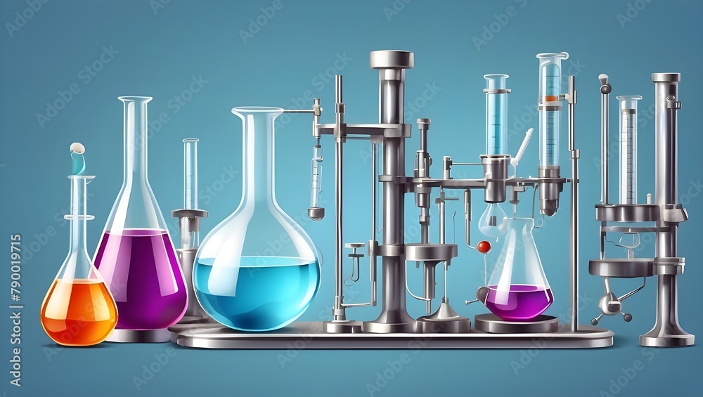 Laboratory equipment. Realistic 3D glass tubes, flask, beaker and other ...