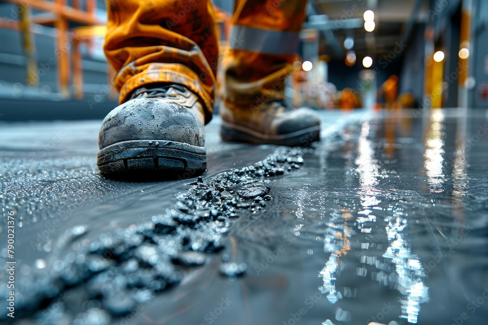 A ground-level view of worker boots on a wet surface, reflecting ...