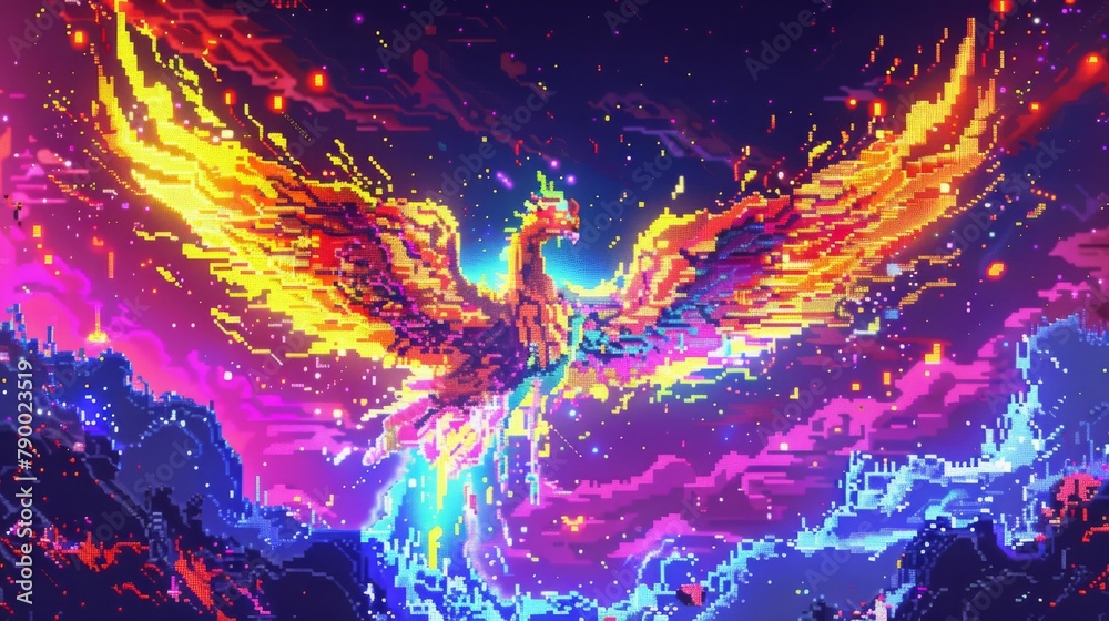 From a worms-eye view, depict a mystical phoenix rising from vibrant ...