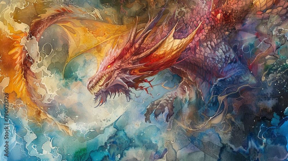 Illustrate a dragon of chaos and order battling in a surreal watercolor ...