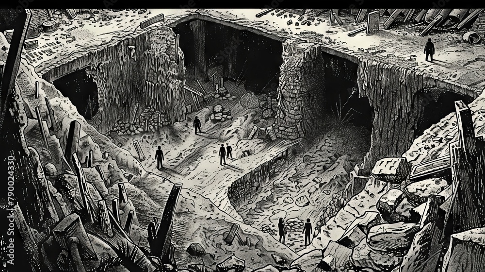 Illustrate a gripping scene of a mysterious archaeological dig site ...